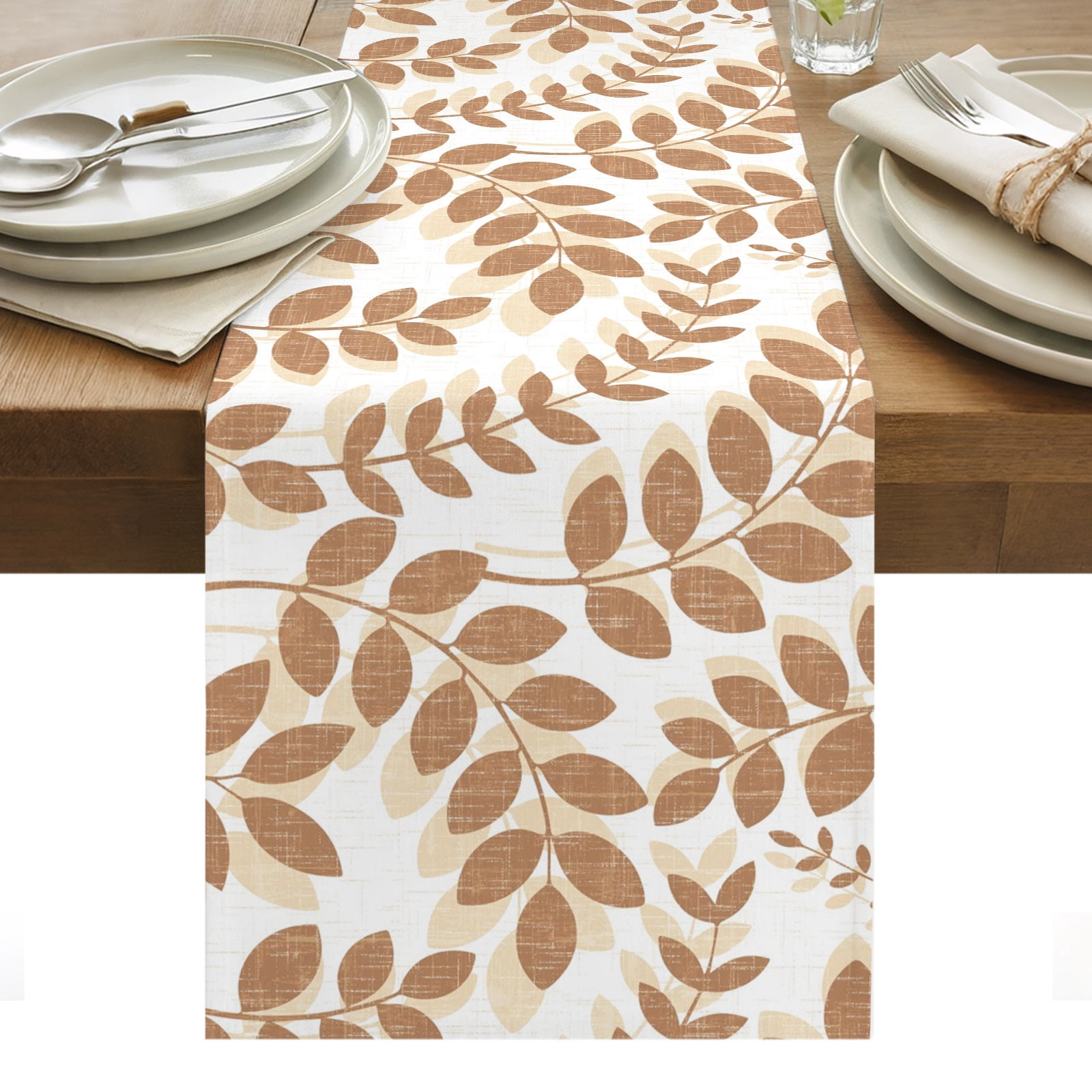 Brown Leaves Cotton Linen Table Runner Summer Farmhouse Botanical ...