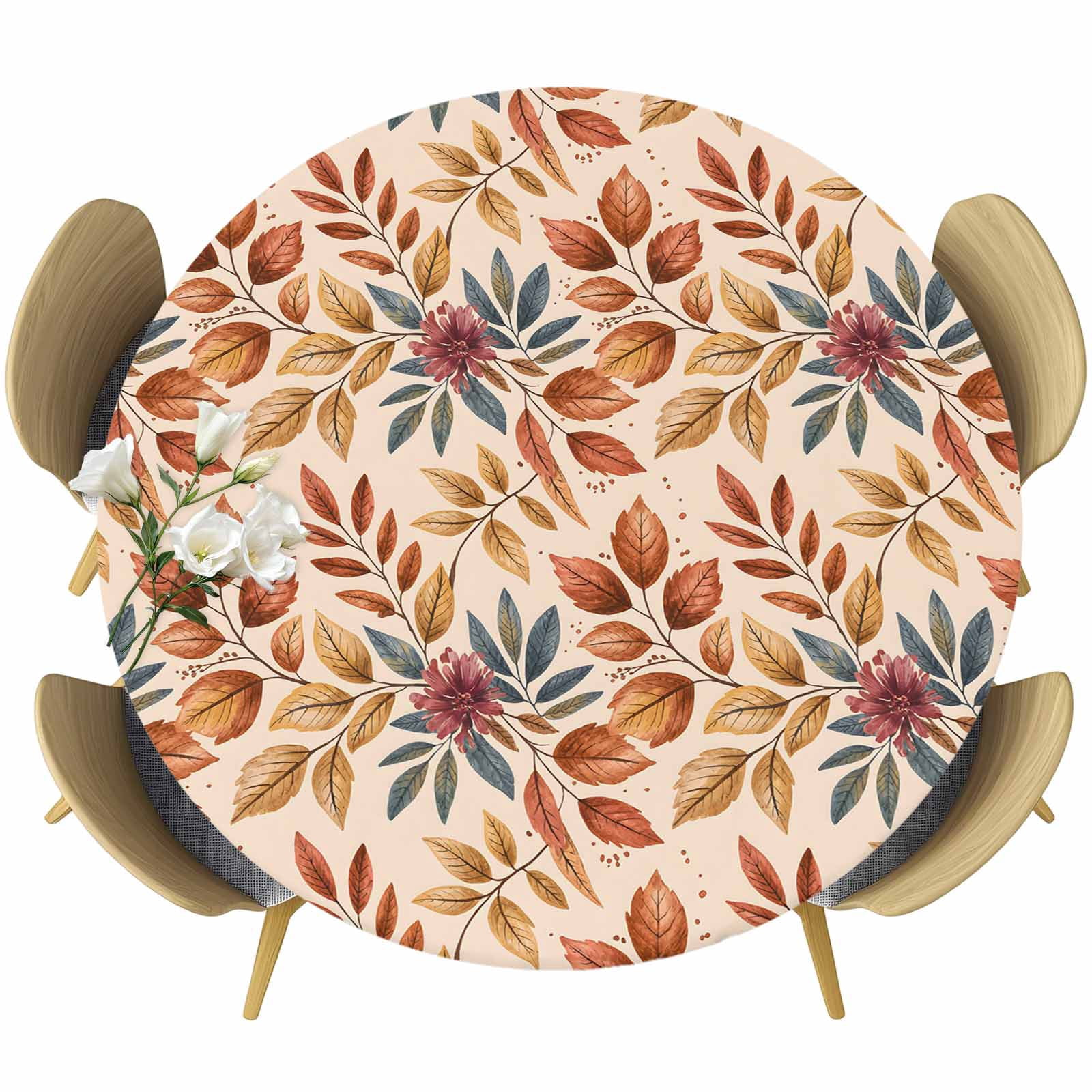 Brown Leaves Fall Round Tablecloth, Fitted Table Cover with Elastic for ...