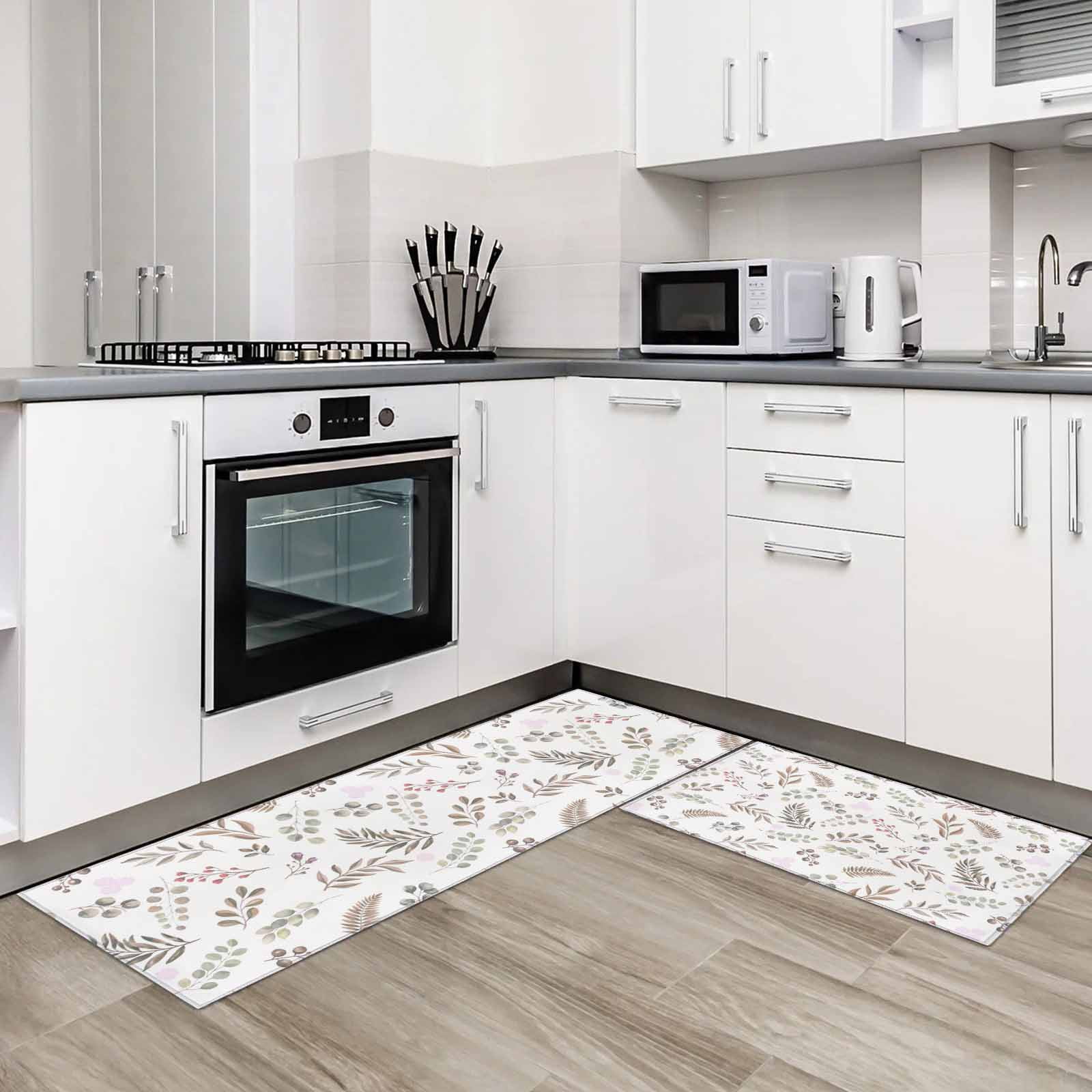 Brown Leaves Herbs 2 Pieces Non-Slip Kitchen Mat Set Botanical Pastoral ...