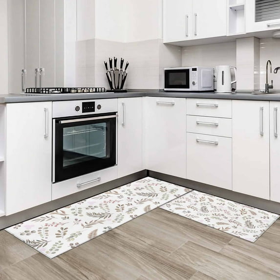 Brown Leaves Herbs 2 Pieces Non-Slip Kitchen Mat Set Botanical Pastoral ...