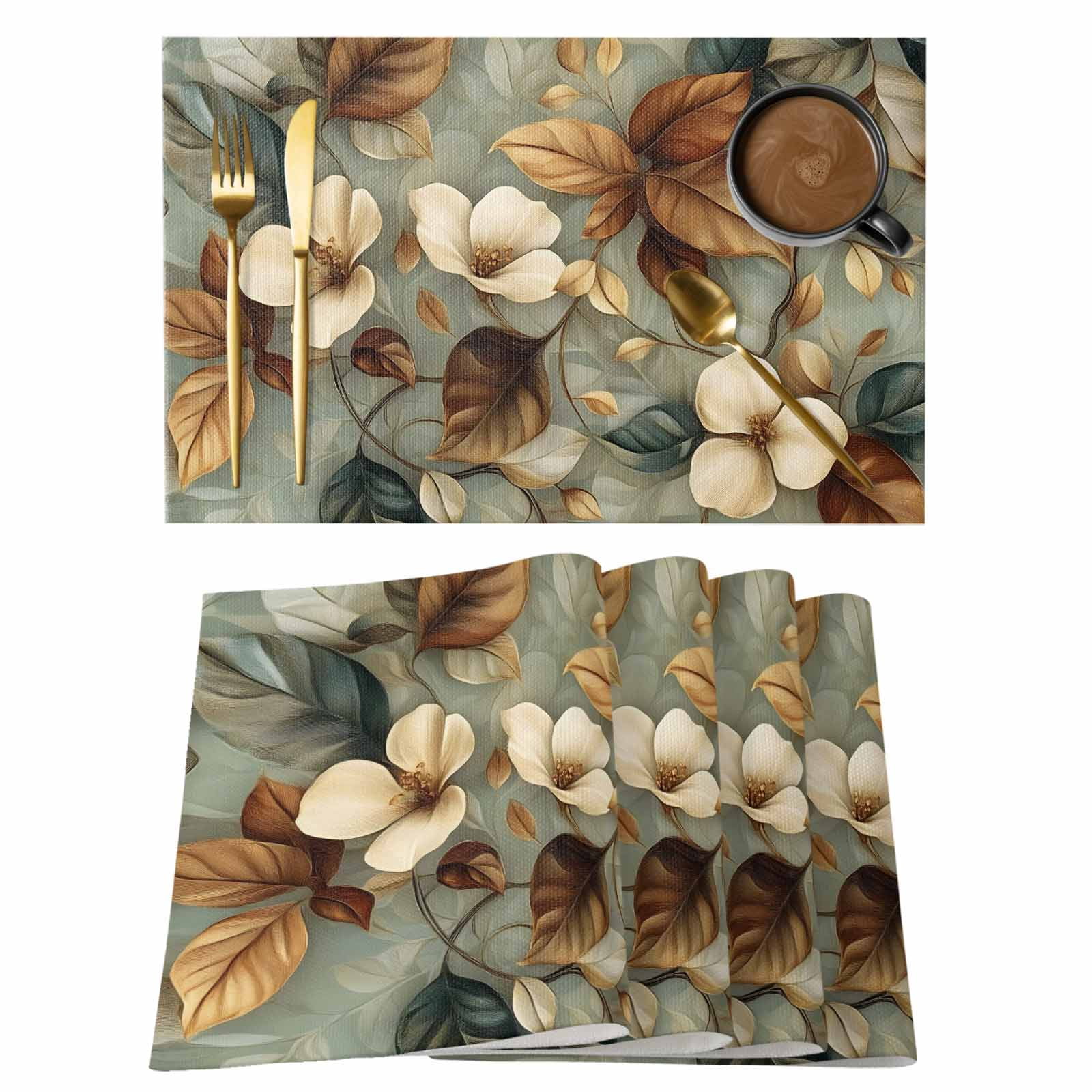 Brown Leaves White Flowers Cotton Linen Placemats Set of 8, Branch Leaf ...