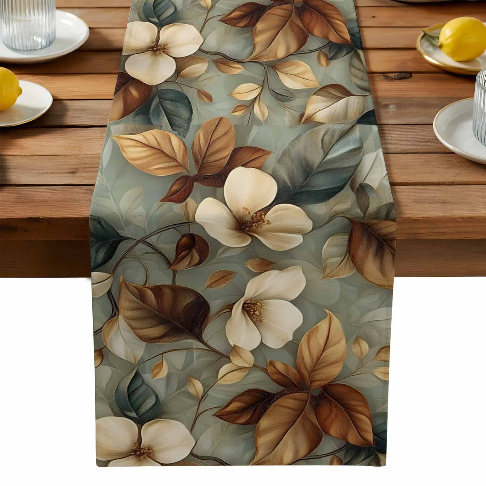 Brown Leaves White Flowers Table Runner, Branch Leaf Plant Farm Kitchen ...