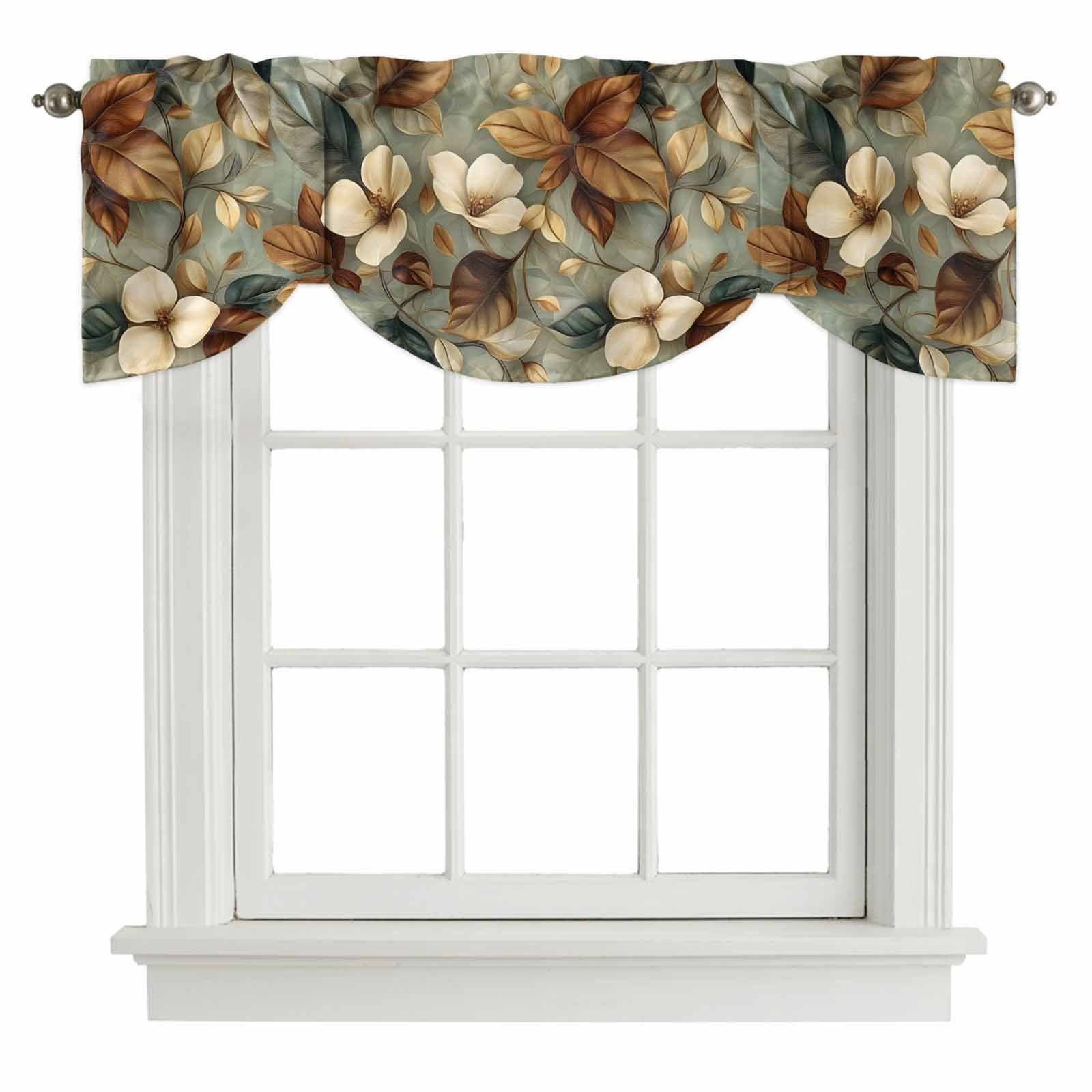 Brown Leaves White Flowers Tie Up Valance Curtains Branch Leaf Plant ...