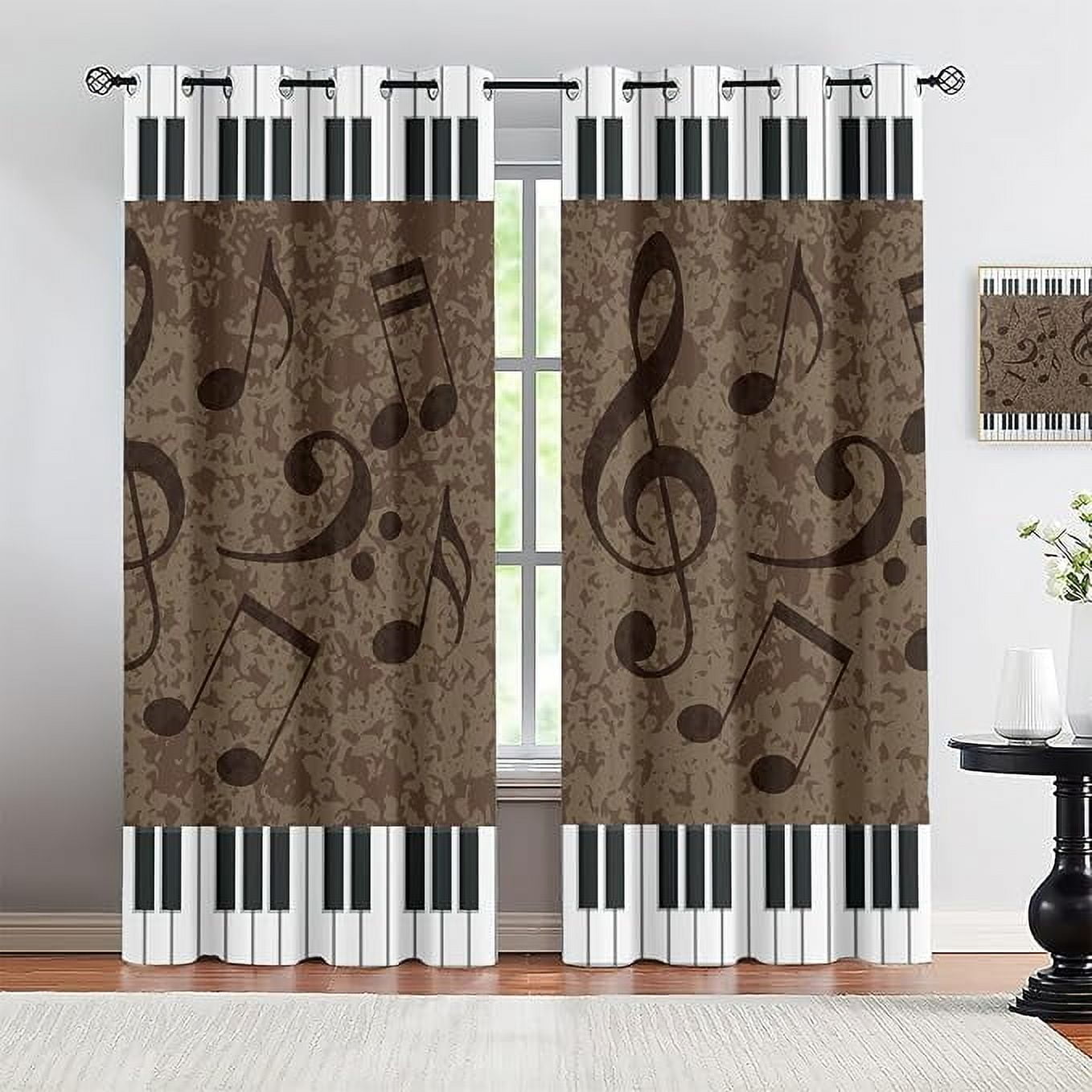 Brown Leopard Music Symbol Blackout Curtains, Black And White Piano ...