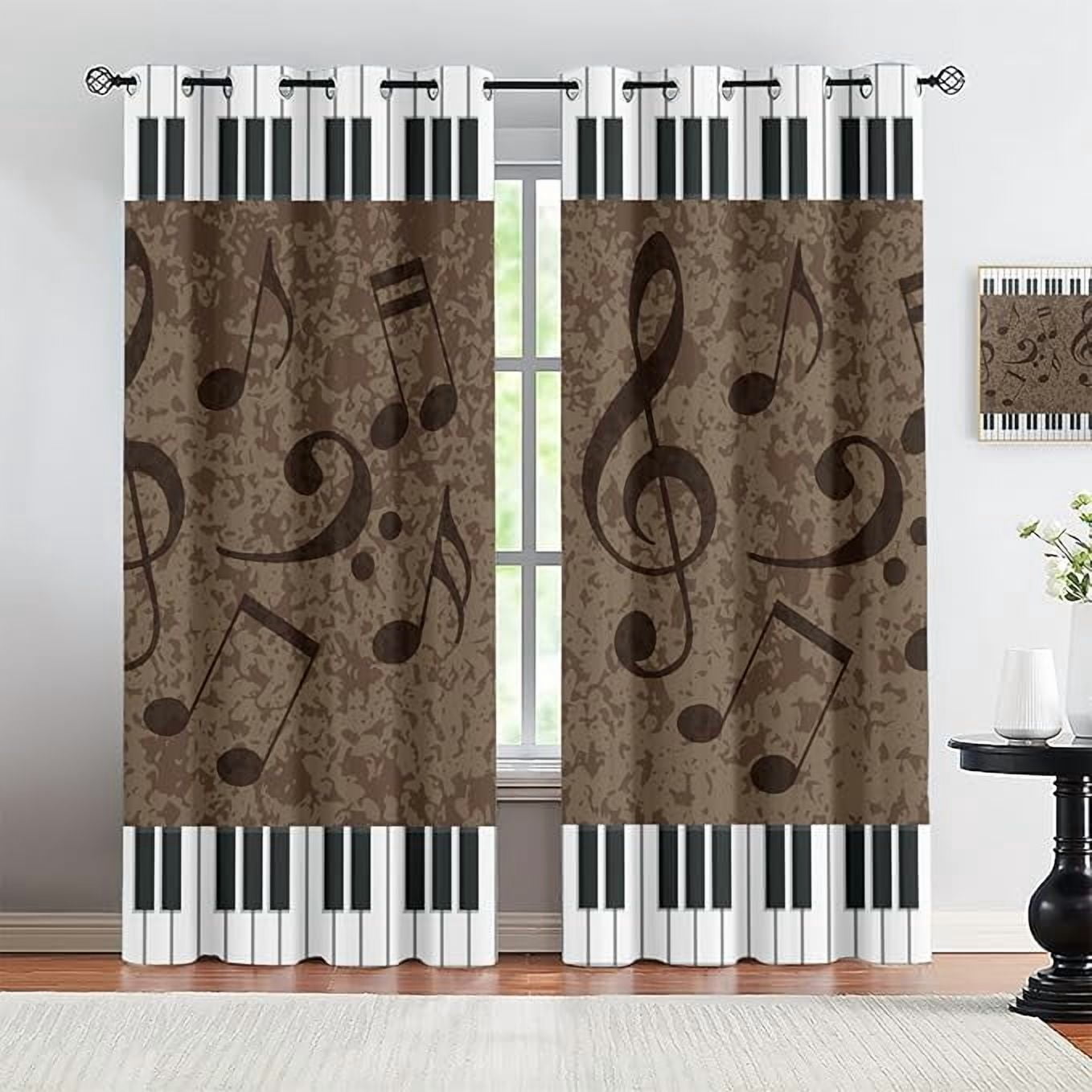 Brown Leopard Music Symbol Blackout Curtains, Black and White Piano ...