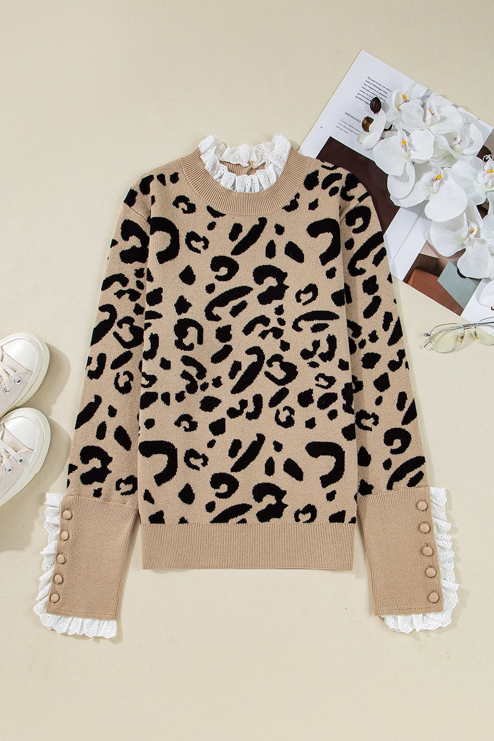 Brown Leopard Pattern Lace Ribbed Detail Button Cuffed Sweater ...