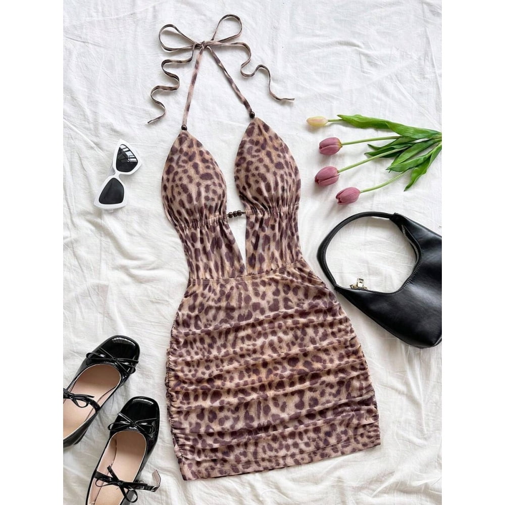 Brown Leopard Print Deep V-Neck Halter Tie Back Bodycon Mini Dress With ...