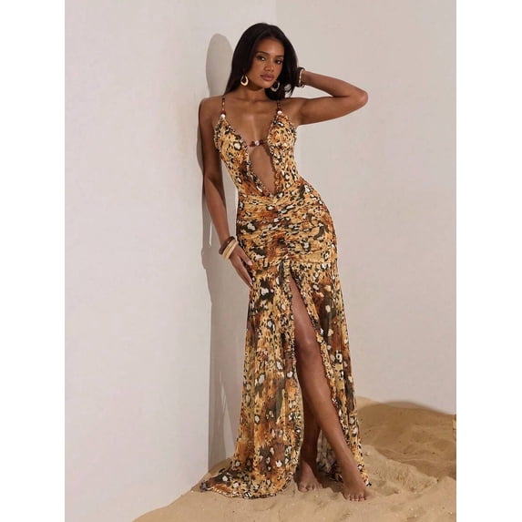 Brown Leopard Print Maxi Slip Dress With V-Neck, Spaghetti Straps ...