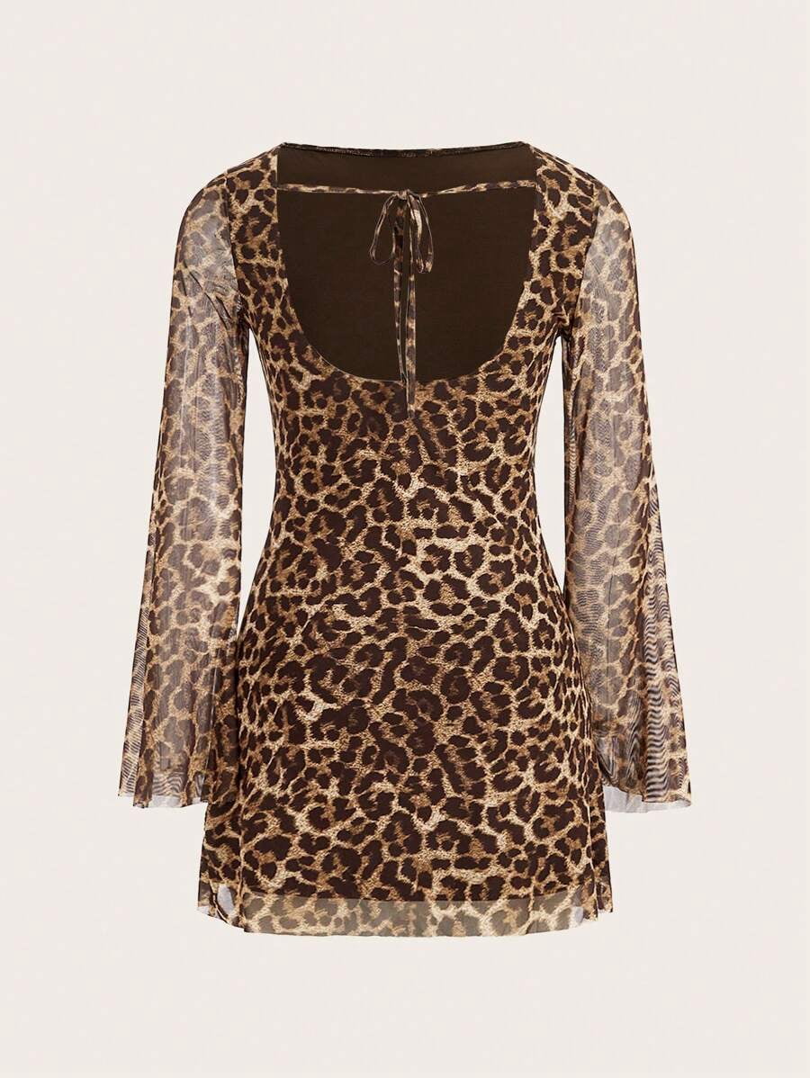 Brown Leopard Print Mesh Bell-Sleeve Fitted Mini Dress With Open Back ...