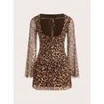 Brown Leopard Print Mesh Bell-Sleeve Fitted Mini Dress With Open Back ...