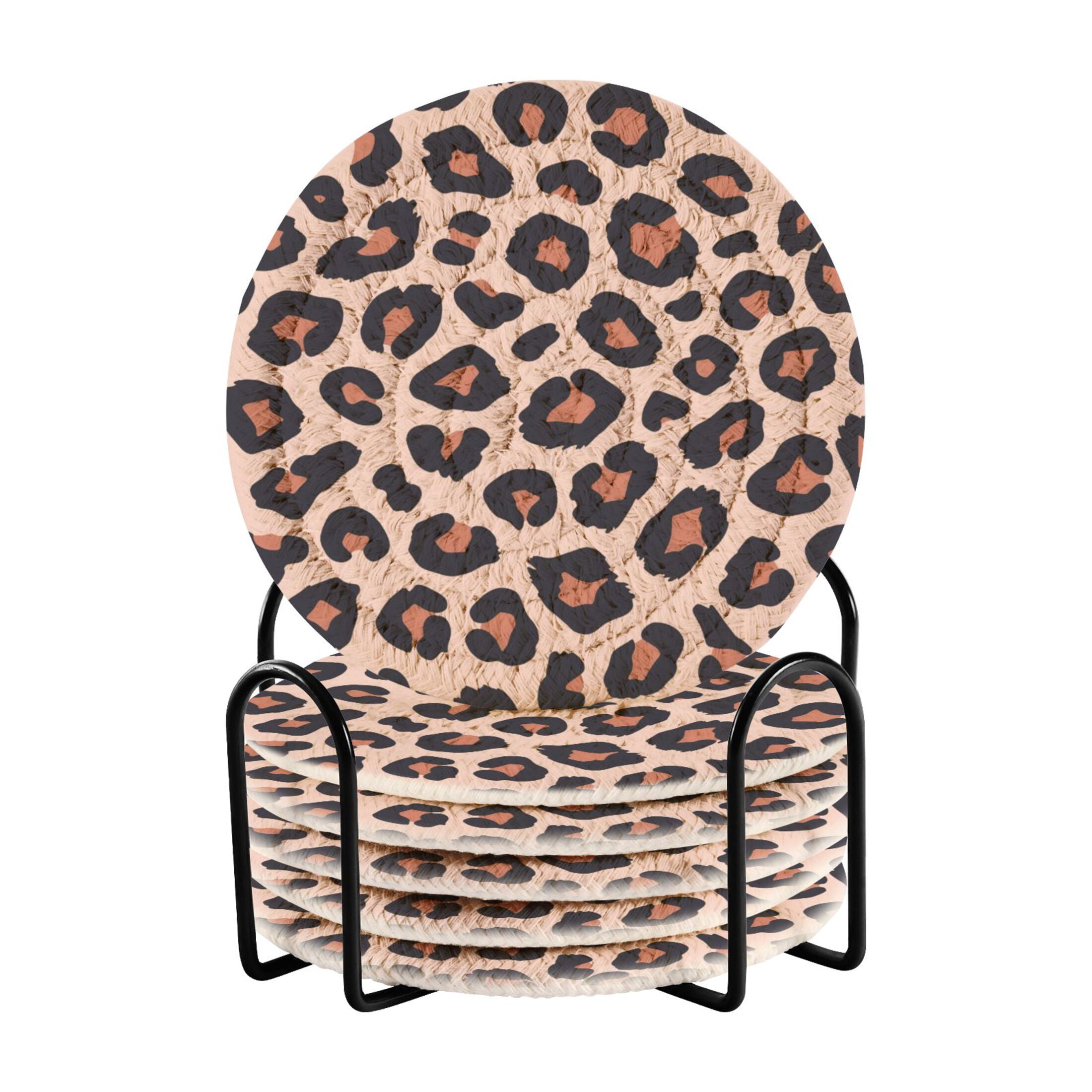 Brown Leopard Print Pattern Bar Coasters 6 Pack Braided Coasters with ...