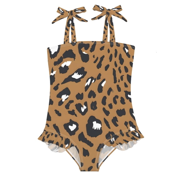 Brown Leopard Print Pattern Girls' One-Piece Swimsuit Bowknot Tie ...