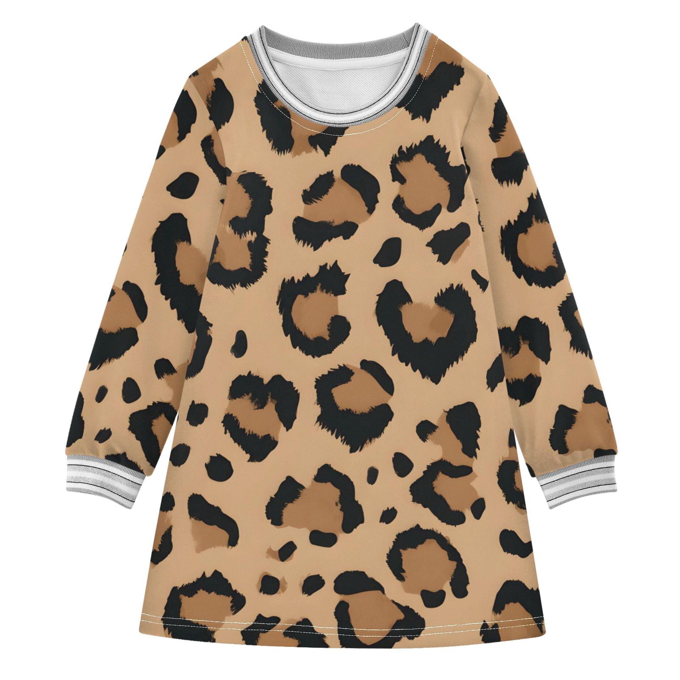 Brown Leopard Print Pattern Girls'long-sleeved dress Thickened A-dress ...