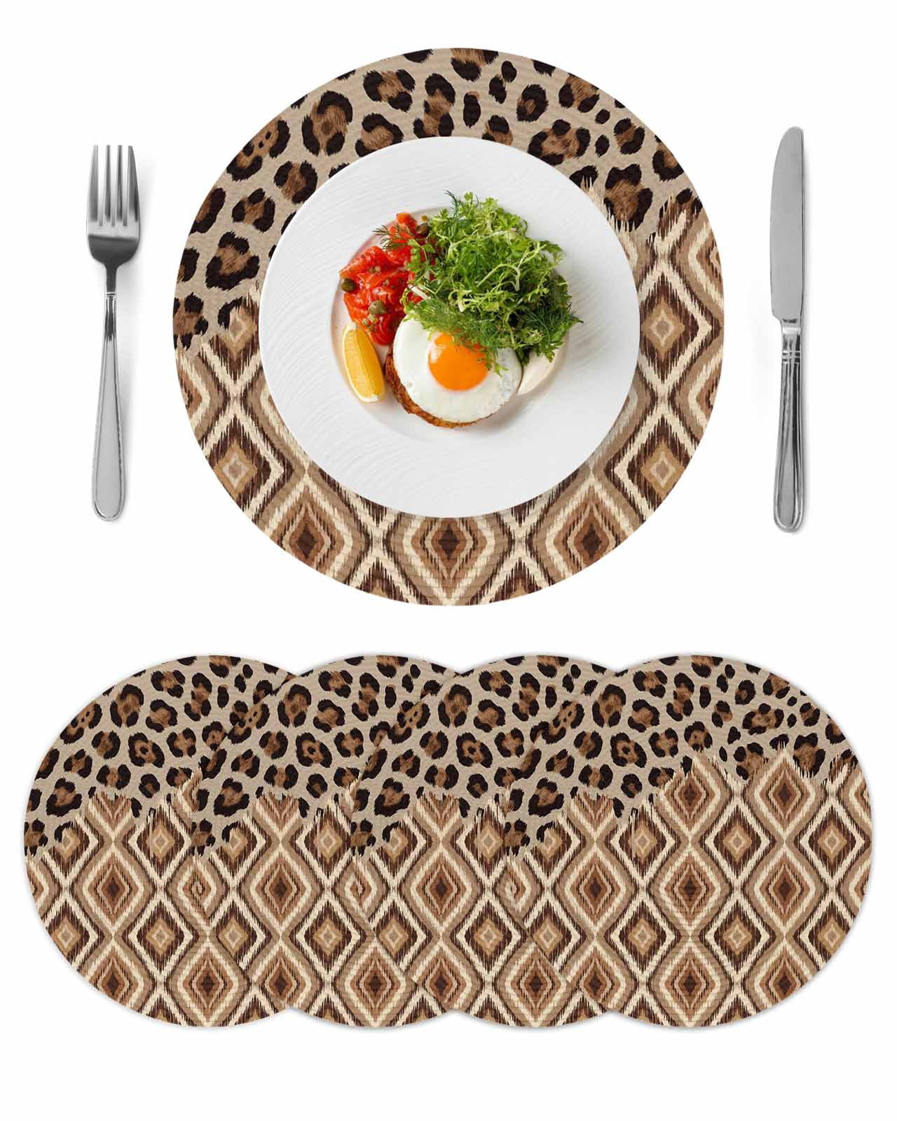 Brown Leopard Print Round 15 Inch Placemats Set of 4, Vintage Geometric ...