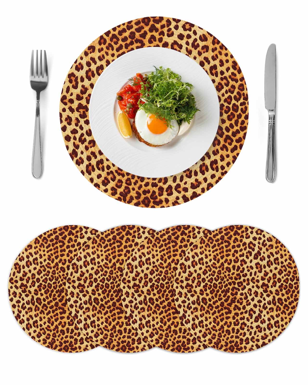 Brown Leopard Print Round Table Placemats set of 4, Wild Animal ...