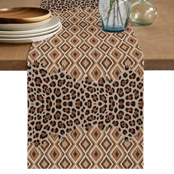 Brown Leopard Print Table Runner 70 Inches, Vintage Geometric Animals ...