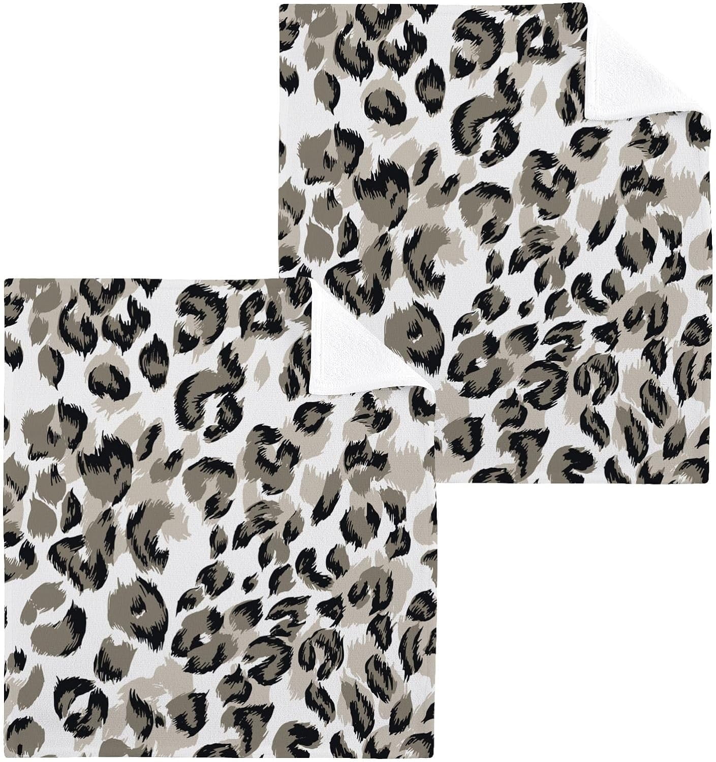 Brown Leopard Print Washcloth 12x12in Set, 2 Pack Absorbent Cotton ...