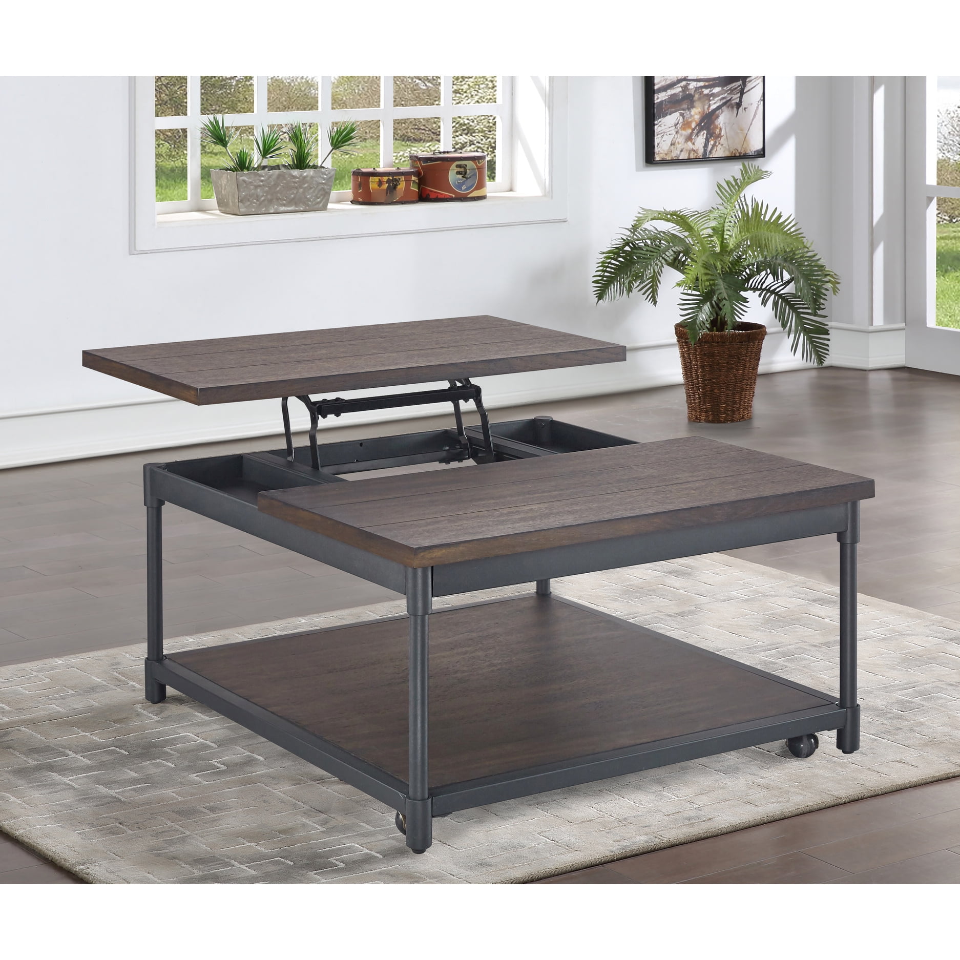 Brown Lift-top Cocktail Table - Made Of Oak Veneers And Iron For ...