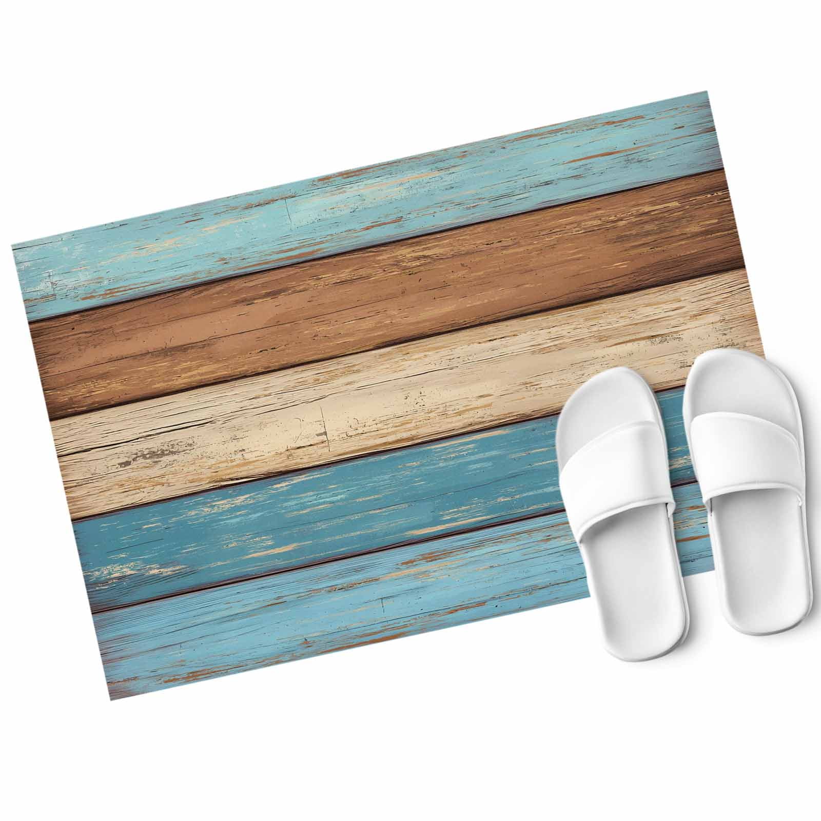 Brown Light Blue Wood Grain Door Mat Striped Farm Country Style Non ...