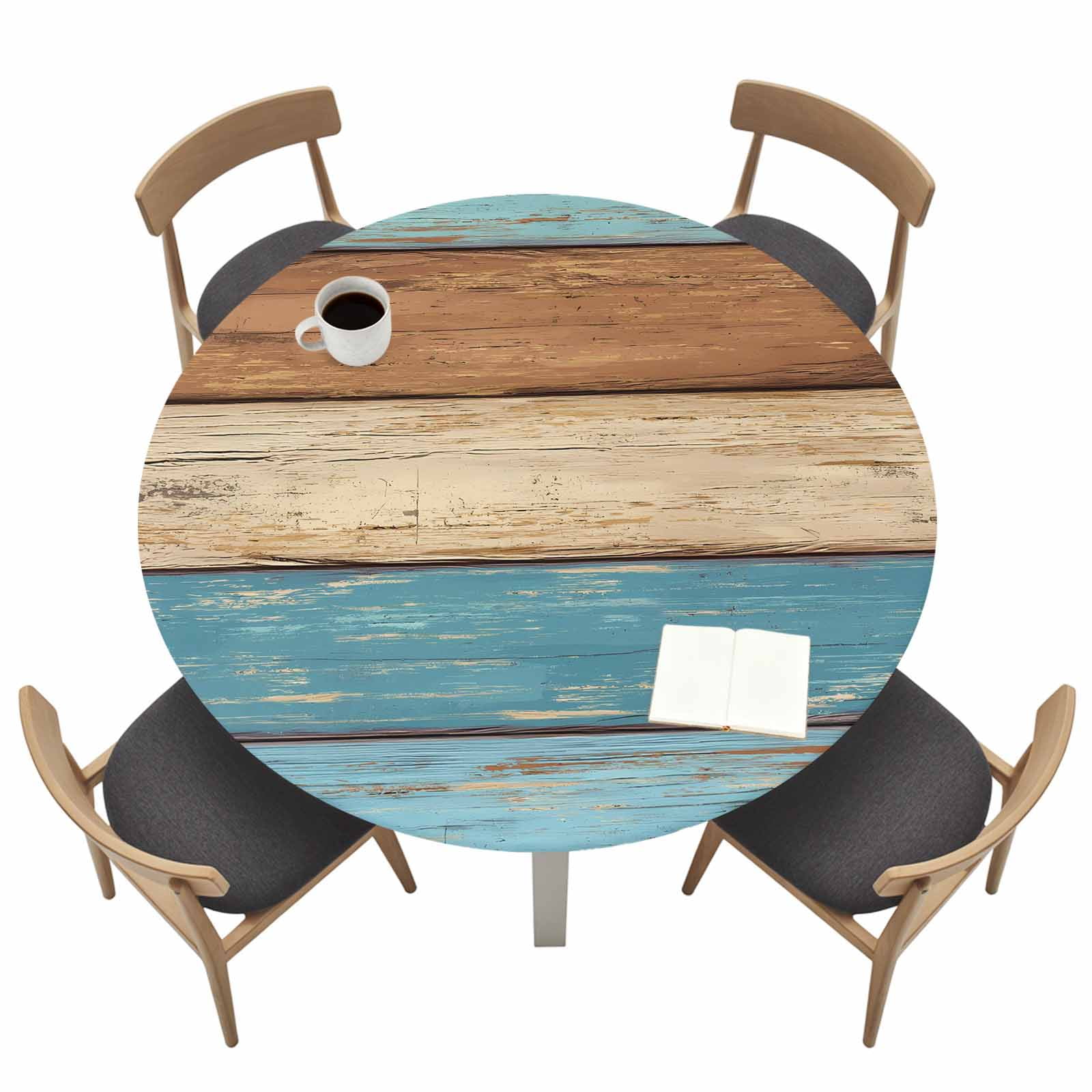Brown Light Blue Wood Grain Round Fitted Tablecloth with Elastic Edge ...