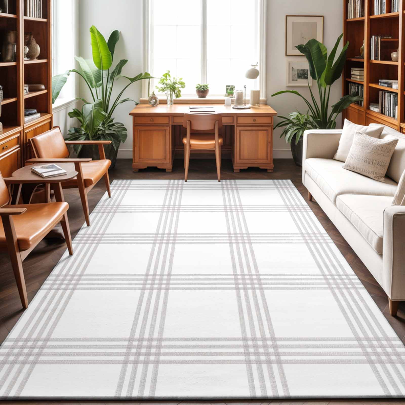 Brown Line Plaid Washable Area Rug 6 x 9 ft Vintage Boho Checkered ...