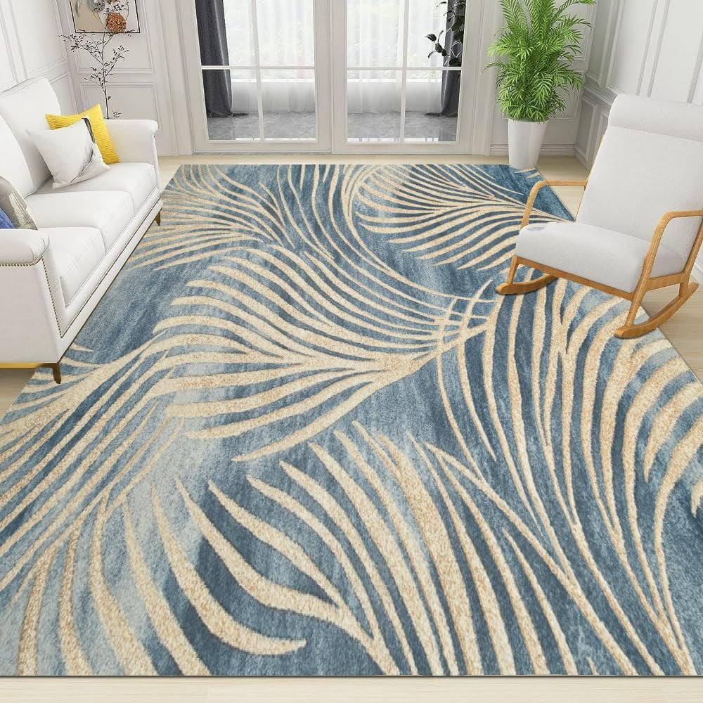 Brown Linear Pattern Area Rugs Navy Blue Aesthetic Art Washable Indoor ...