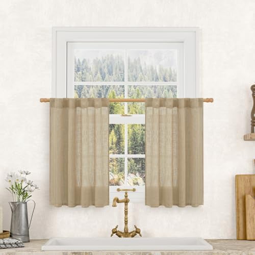 Brown Linen Cafe Curtains 30 Inch Length, Semi Sheer Light Filtering ...