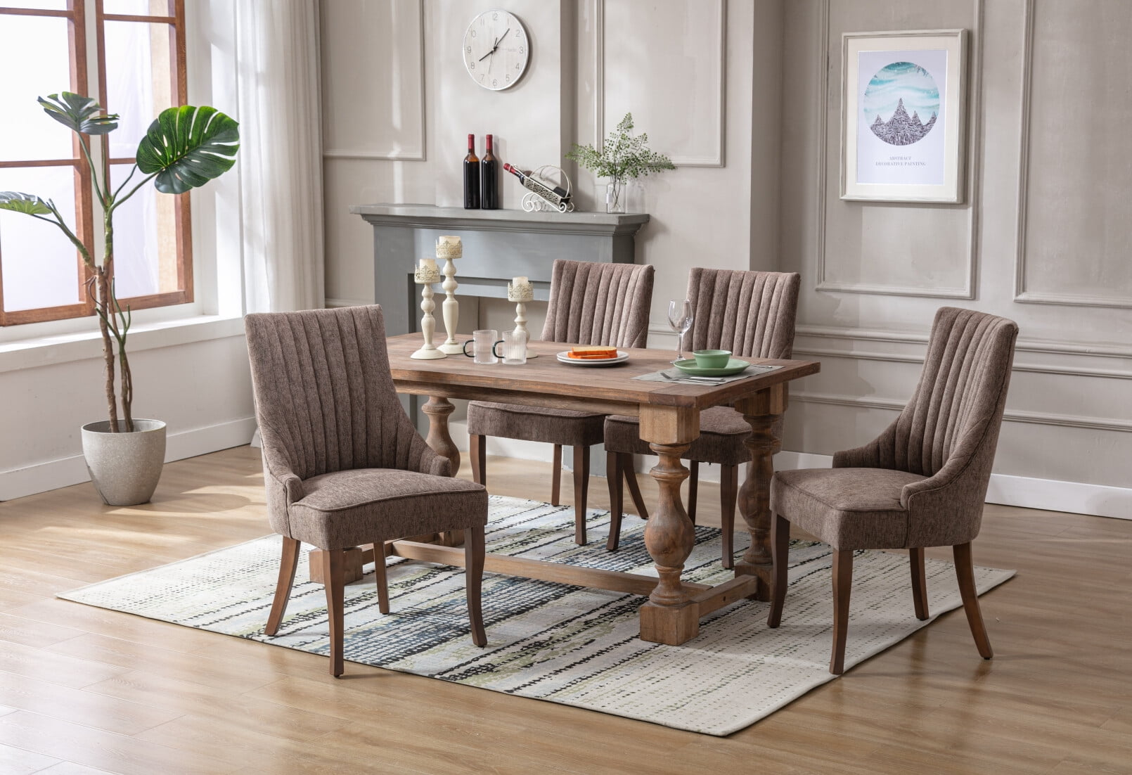 Brown Linen Fabric Dining Chairs Set of 2, High Back Kitchen Chairs ...