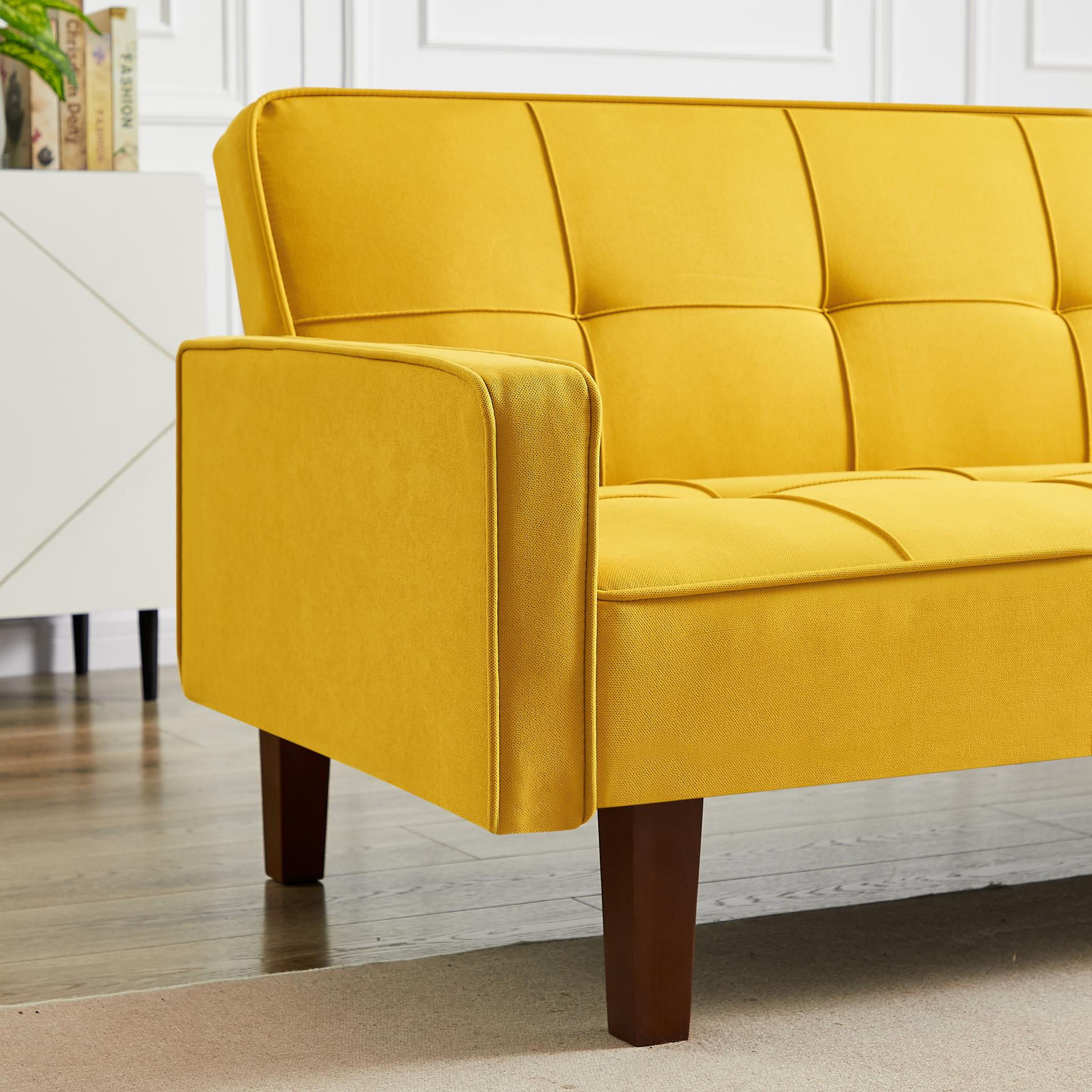Brown Linen Sofa Bed, Convertible Sleeper Sofa with Arms, Solid Wood ...