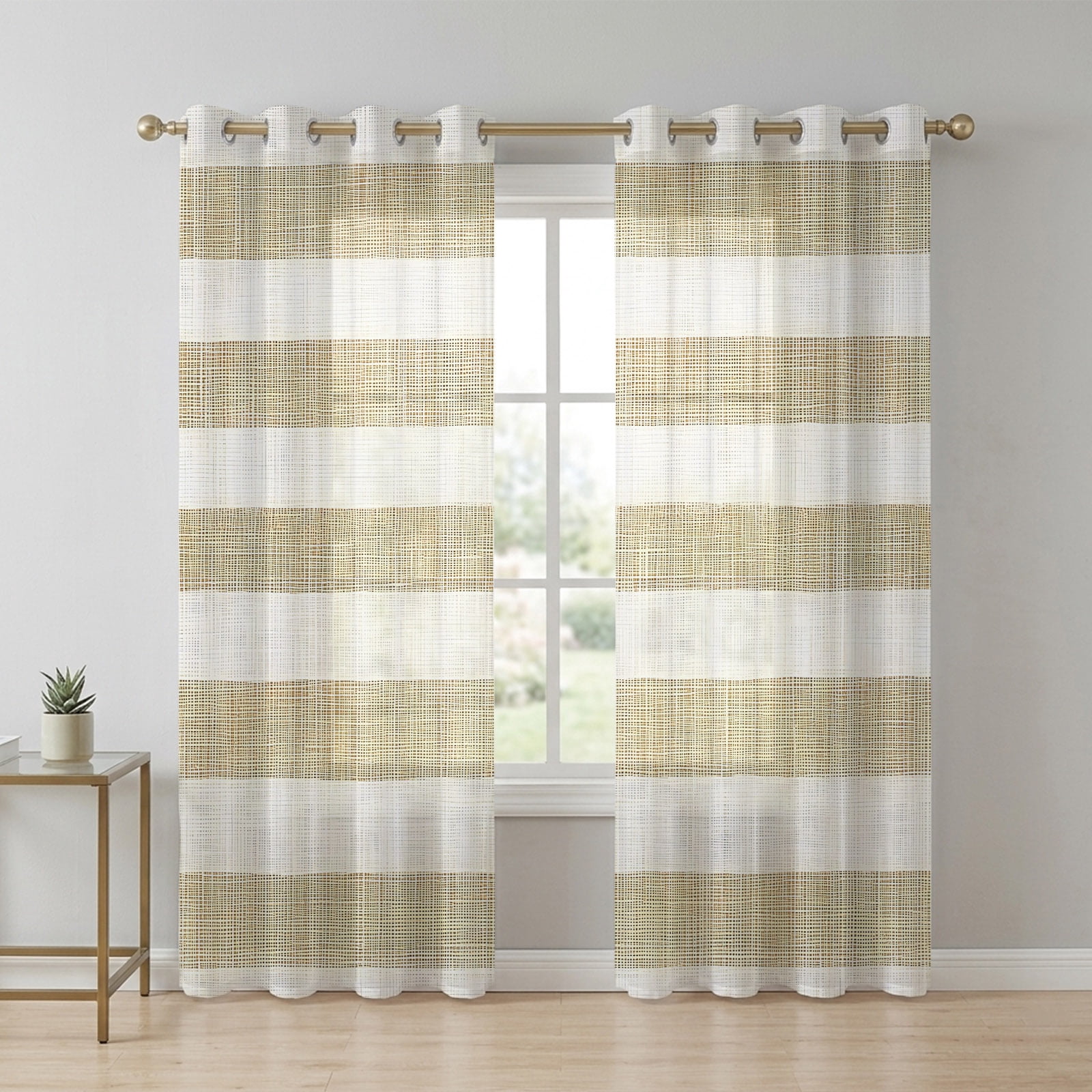 Brown Linen Stripes Sheer Curtains 90 Inch Long 2 Panels, Vintage ...
