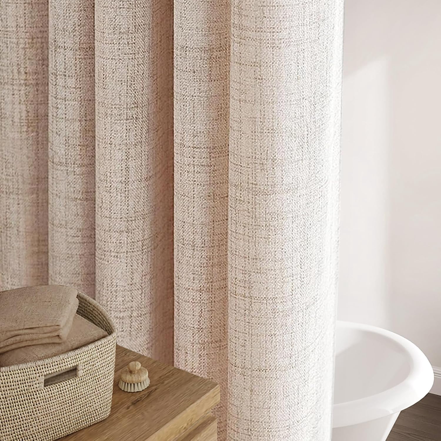 TRAHOO-Brown Linen Style Shower Curtain Set with 12 Durable Hooks - Tan ...