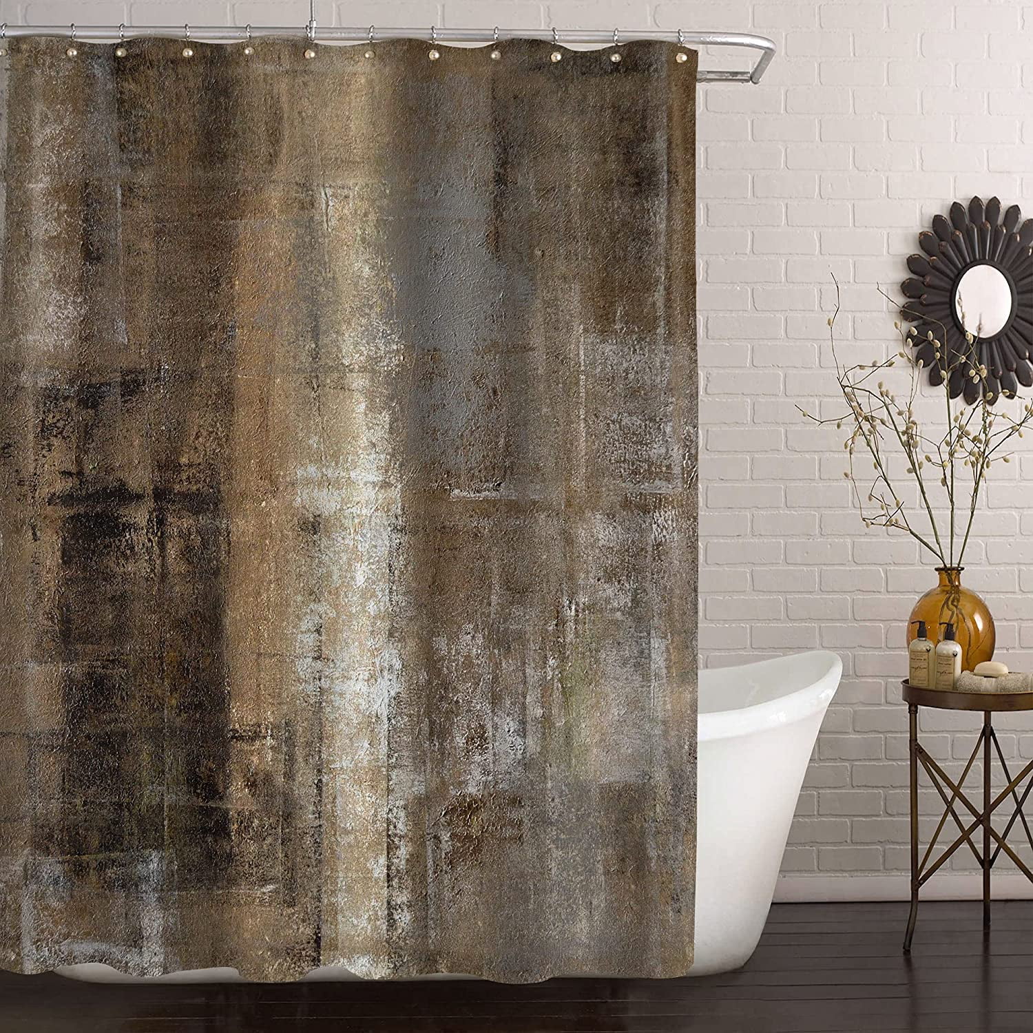 Brown Long Shower Curtain 72 x 84, Vintage 84 inch Shower Curtain Set with Hooks, Abstract ...