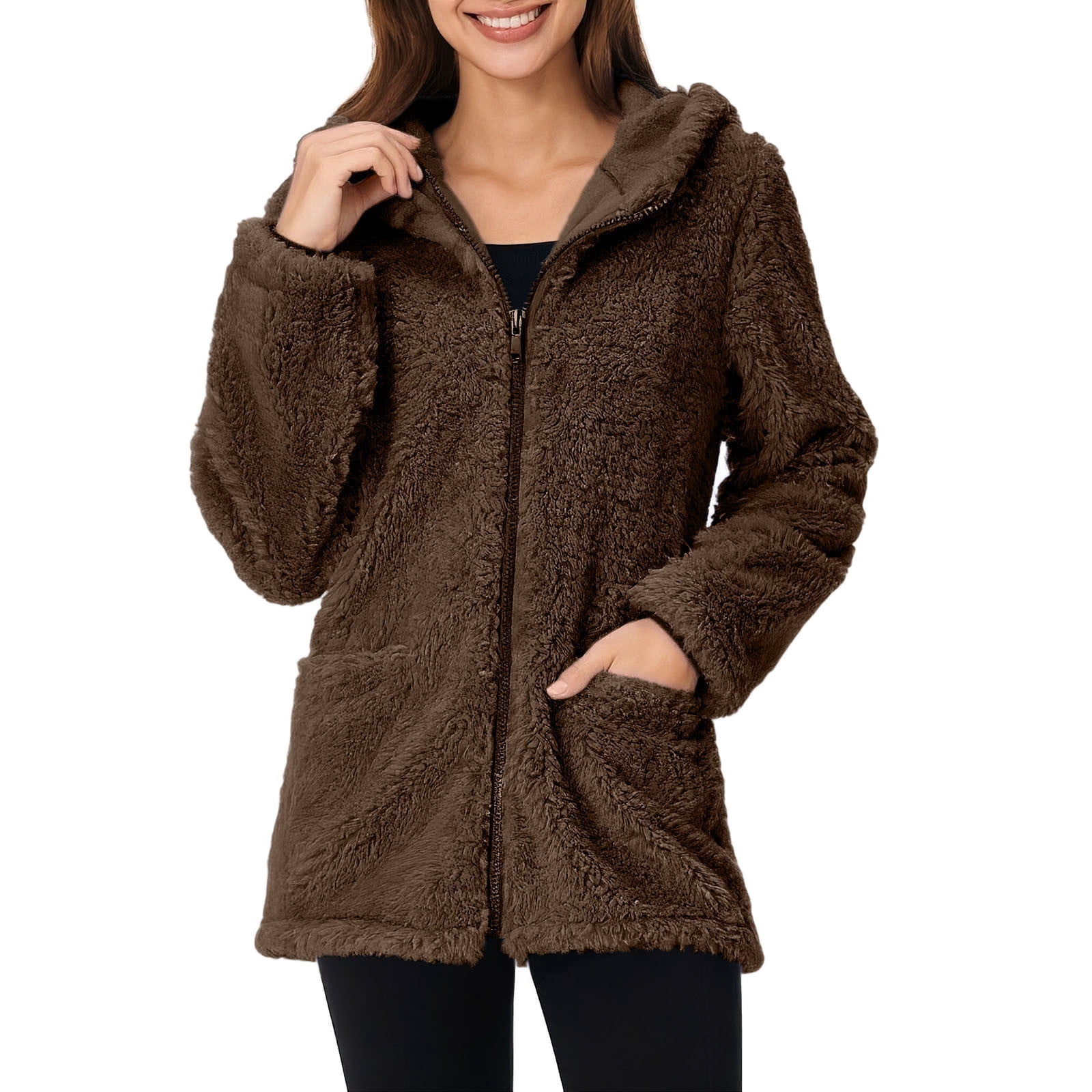 Brown Long Sleeve Jacket for Women Winter Fall Faux Casual Warm Fuzzy ...