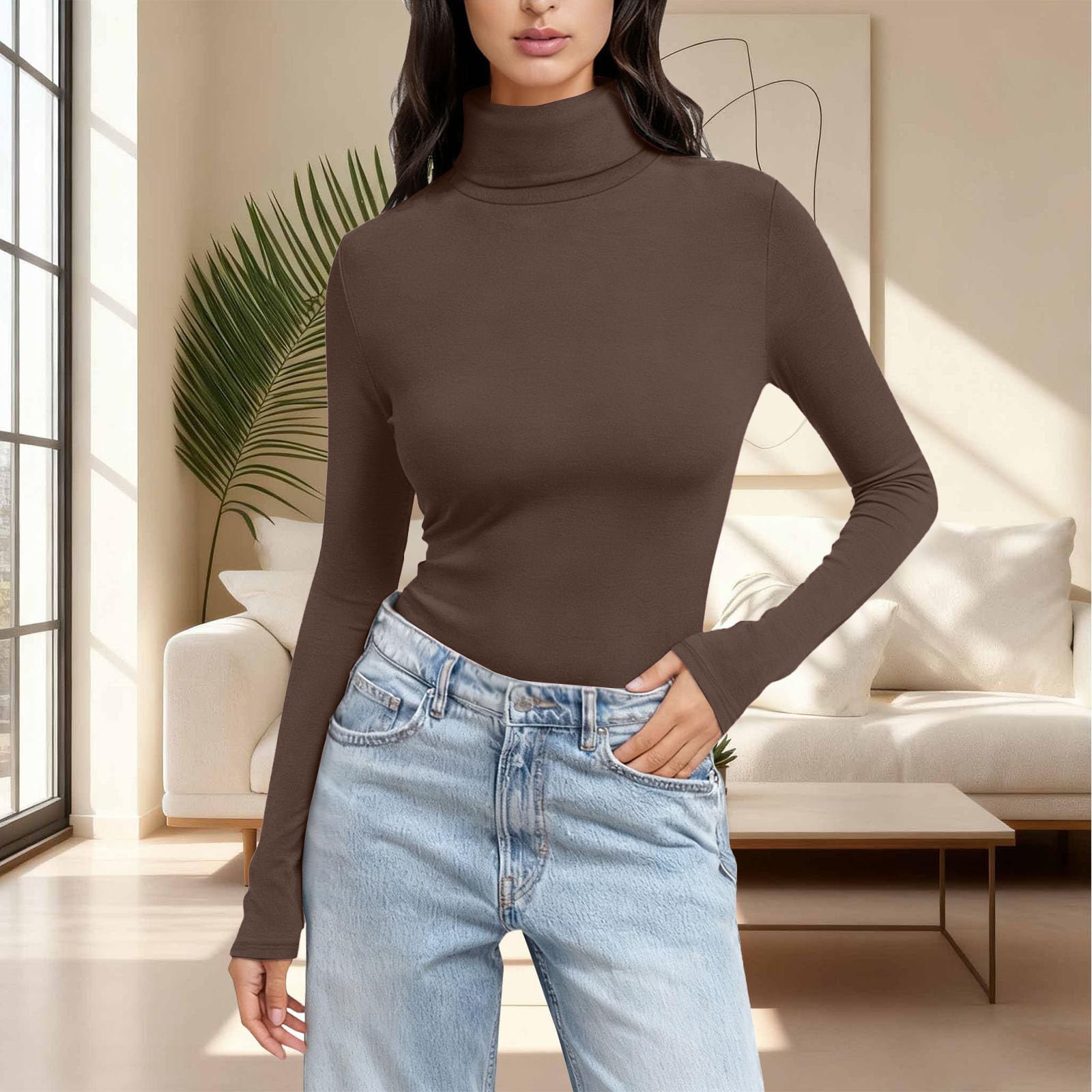 Brown Long Sleeve Shirts for Women's Solid Color High Neck Regular Long ...