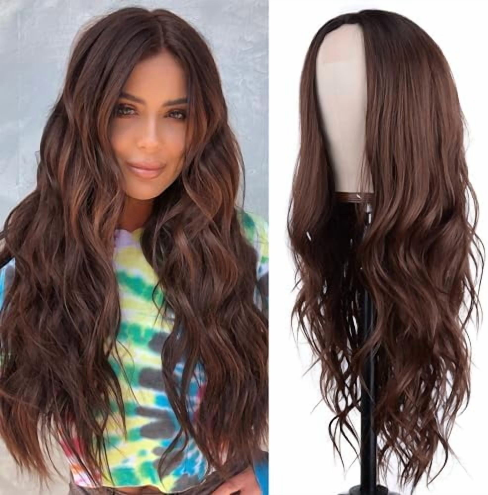 Brown Long Wave Wig for Women -26inch Middle Part Long Curly Wig ...
