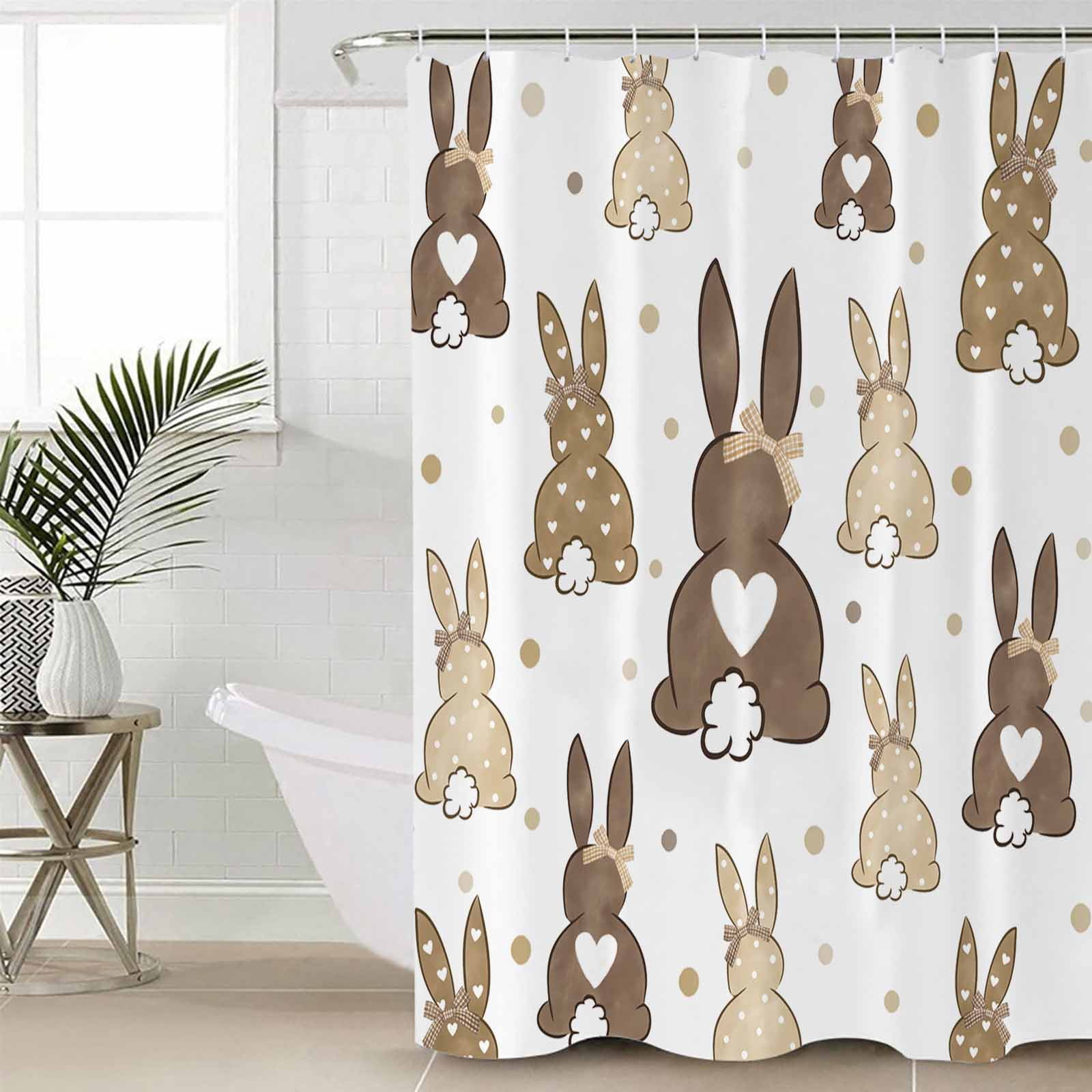 Brown Love Heart Bunny Extra Long Shower Curtain Set, Waterproof Shower ...