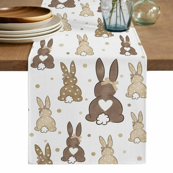 Brown Love Heart Bunny Table Runner, Polka Dot Rabbits Farmhouse ...