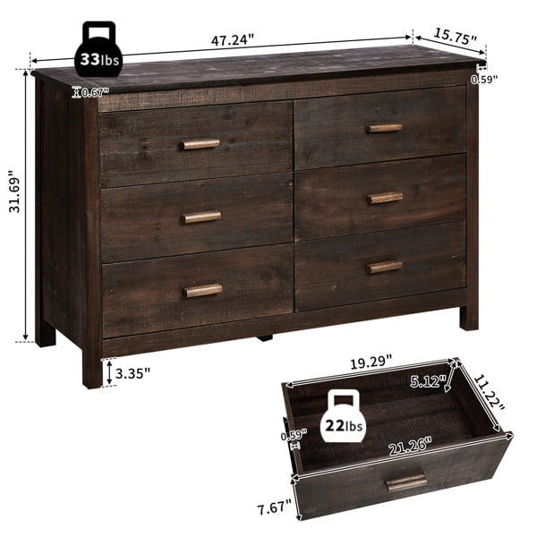 Brown MDF with solid wood veneer 120*40*80 Double row six drawer chest ...