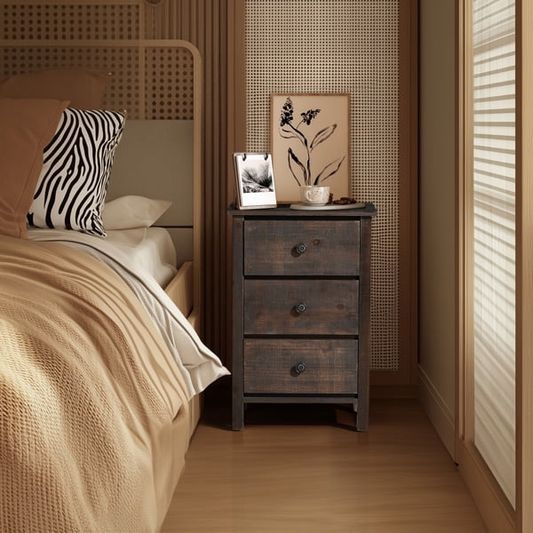Brown MDF with solid wood veneer 66*45*68cm three-drawer bedside table ...
