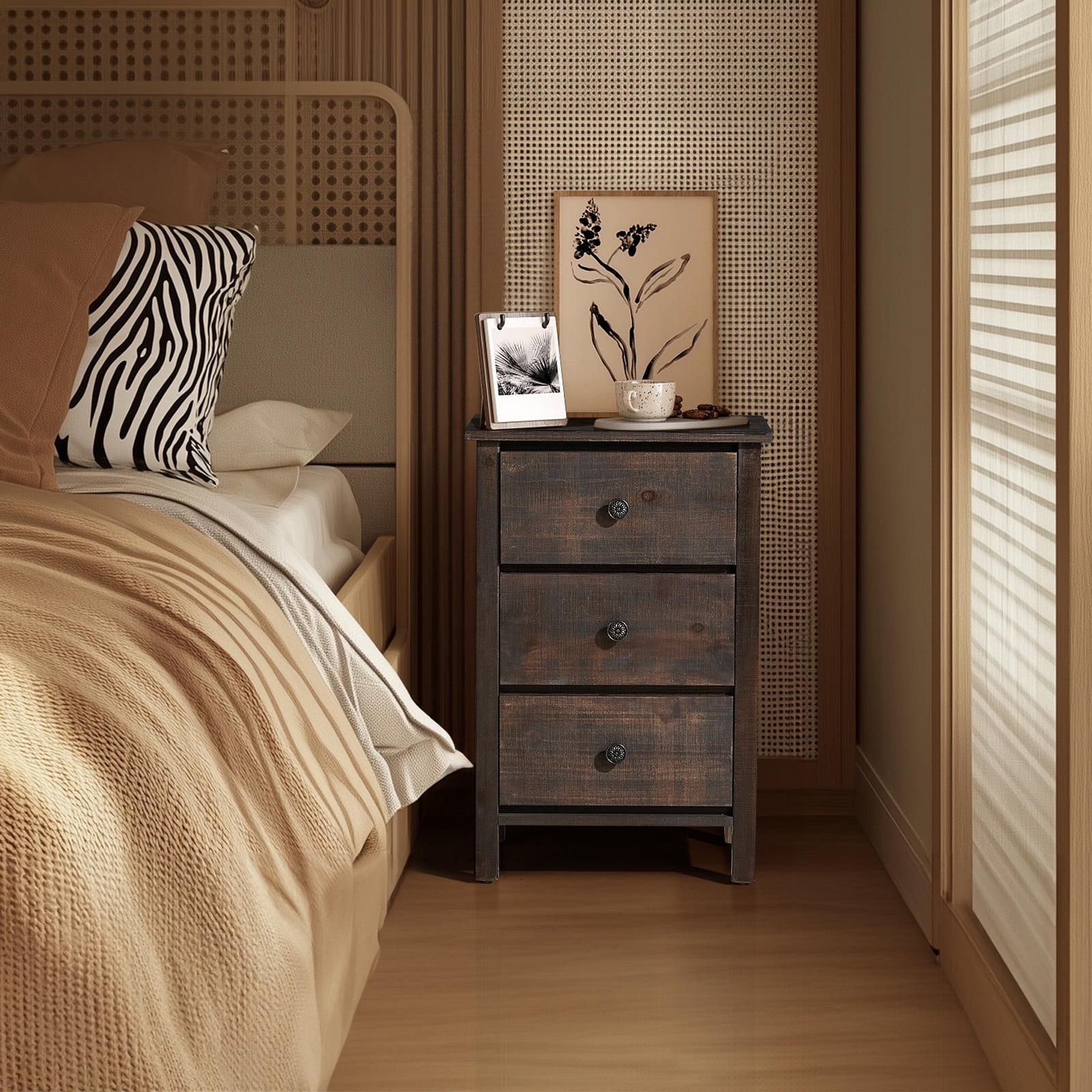 Brown MDF with solid wood veneer 66*45*68cm three-drawer bedside table - Walmart.com