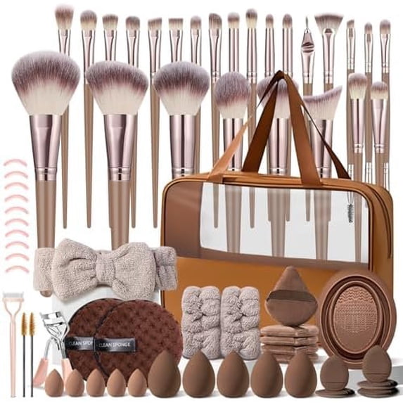 Brown Makeup Brushes Set Professional 66 count with Case Synthetic for ...
