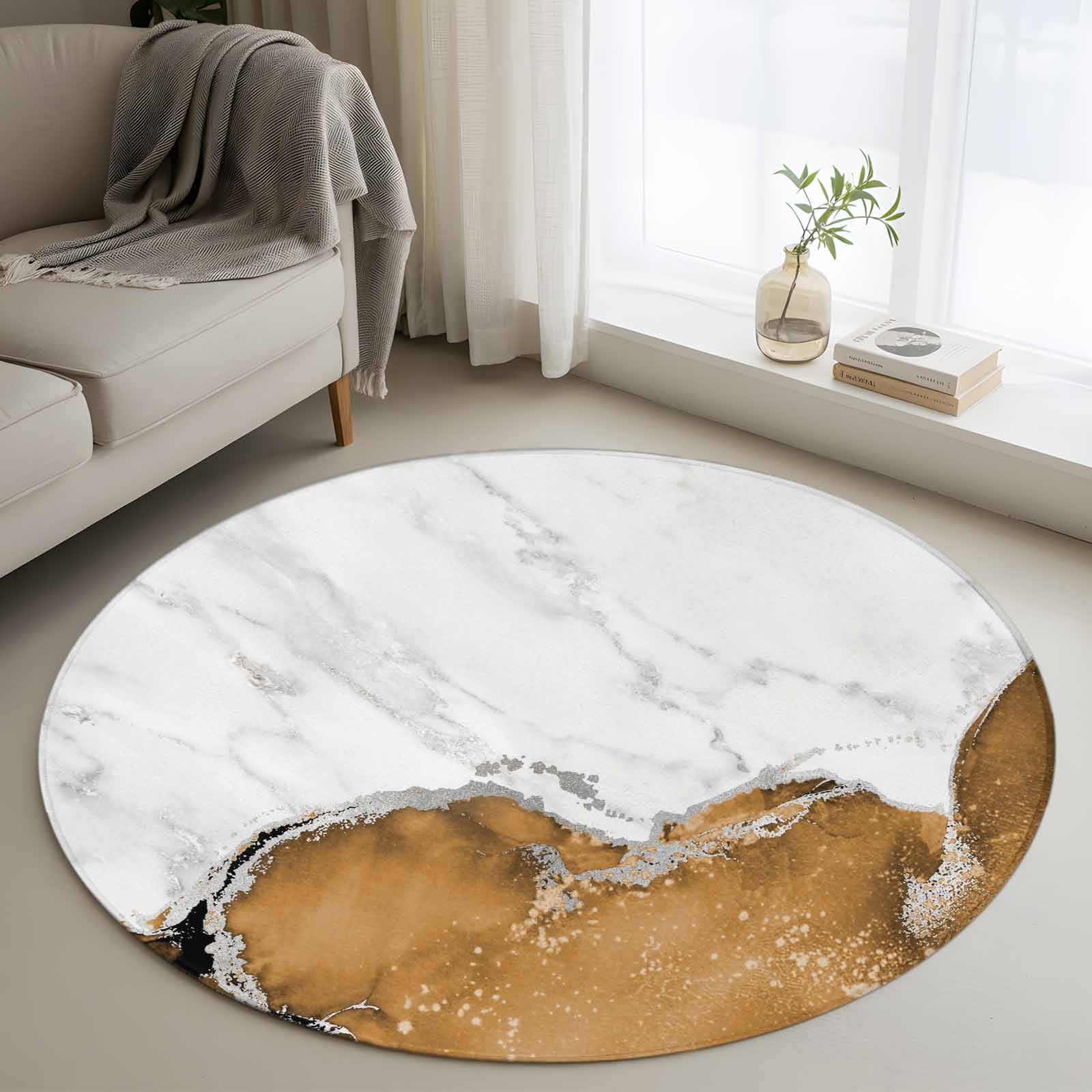 Brown Marble Crack Round Rug 3ft Washable Circle Entryway Rugs Non Slip Modern Abstract ...