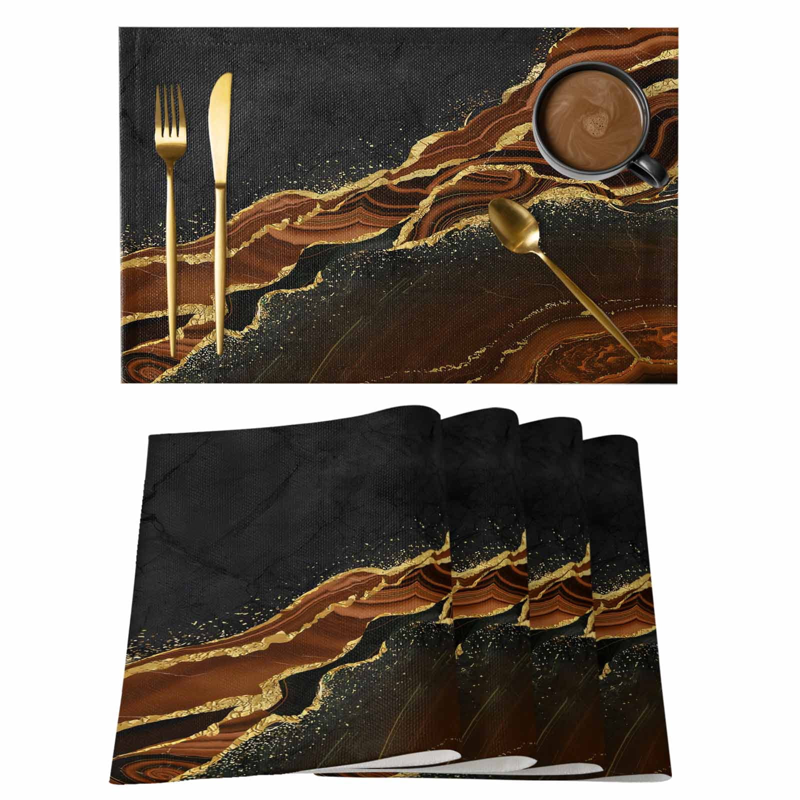Brown Marble Placemats Set of 4, Cotton Linen Fabric Place Mats, Gold ...
