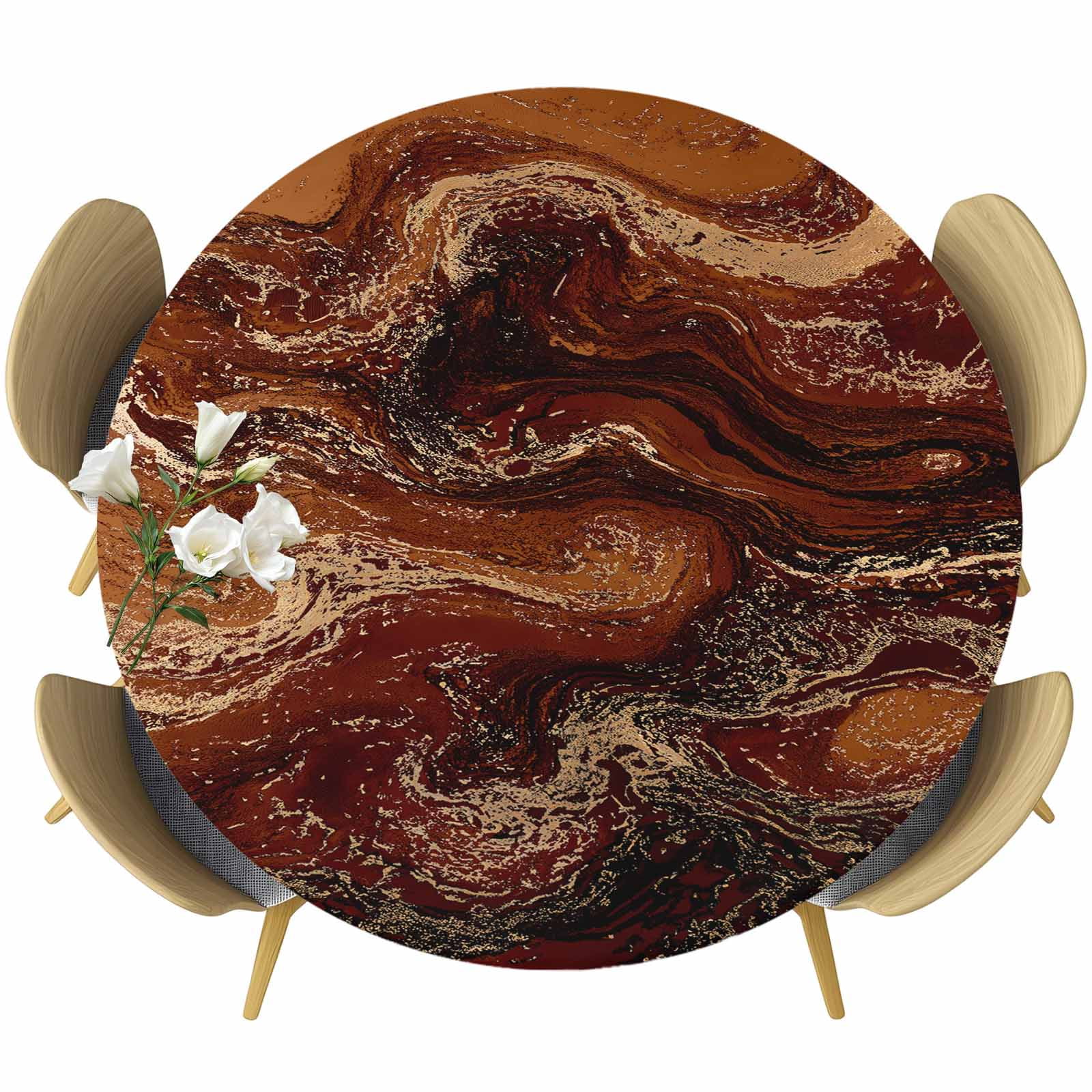 Brown Marble Table Cloth, Round Fitted Tablecloths with Elastic Edge ...