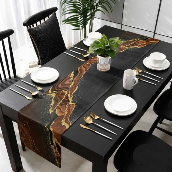 Brown Marble Table Runner 48 Inches Long, Gold Abstract Vintage Modern ...
