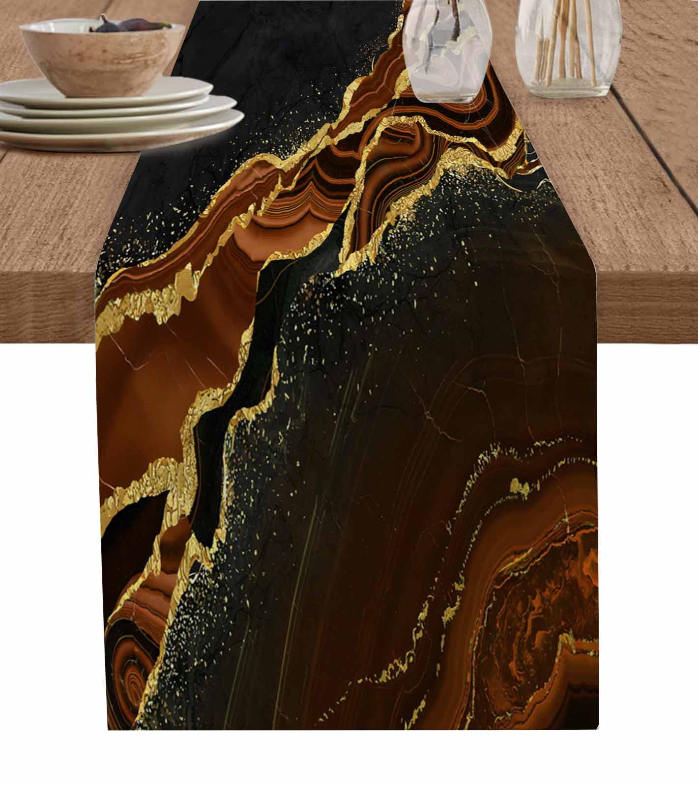 Brown Marble Table Runner 90 Inch Long Dresser Scarves Cotton Linen ...
