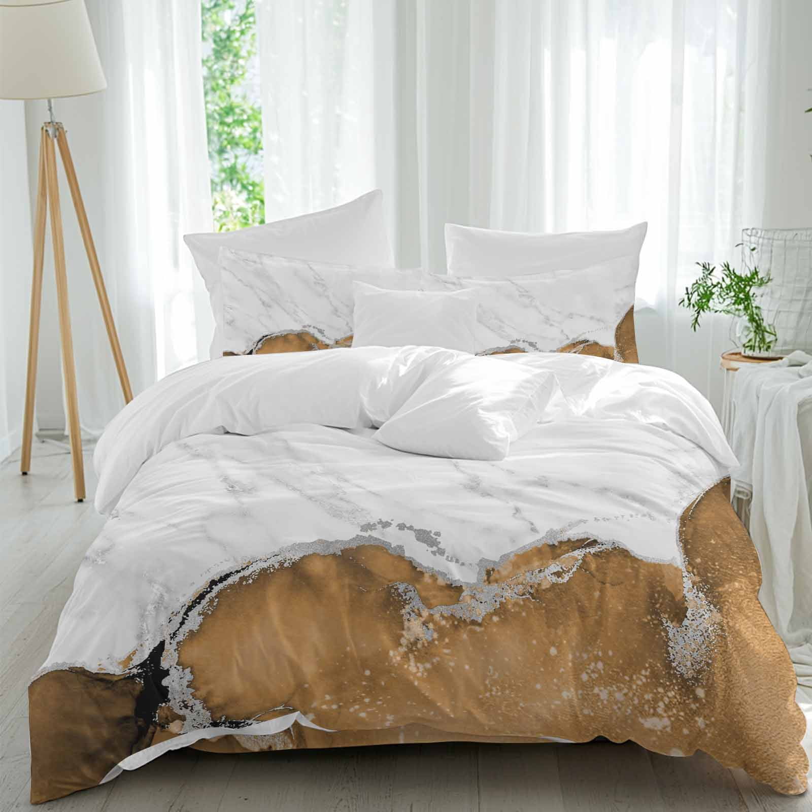Brown Marble Texture Queen Duvet Cover Set, Abstract Retro Wave 4 Piece ...