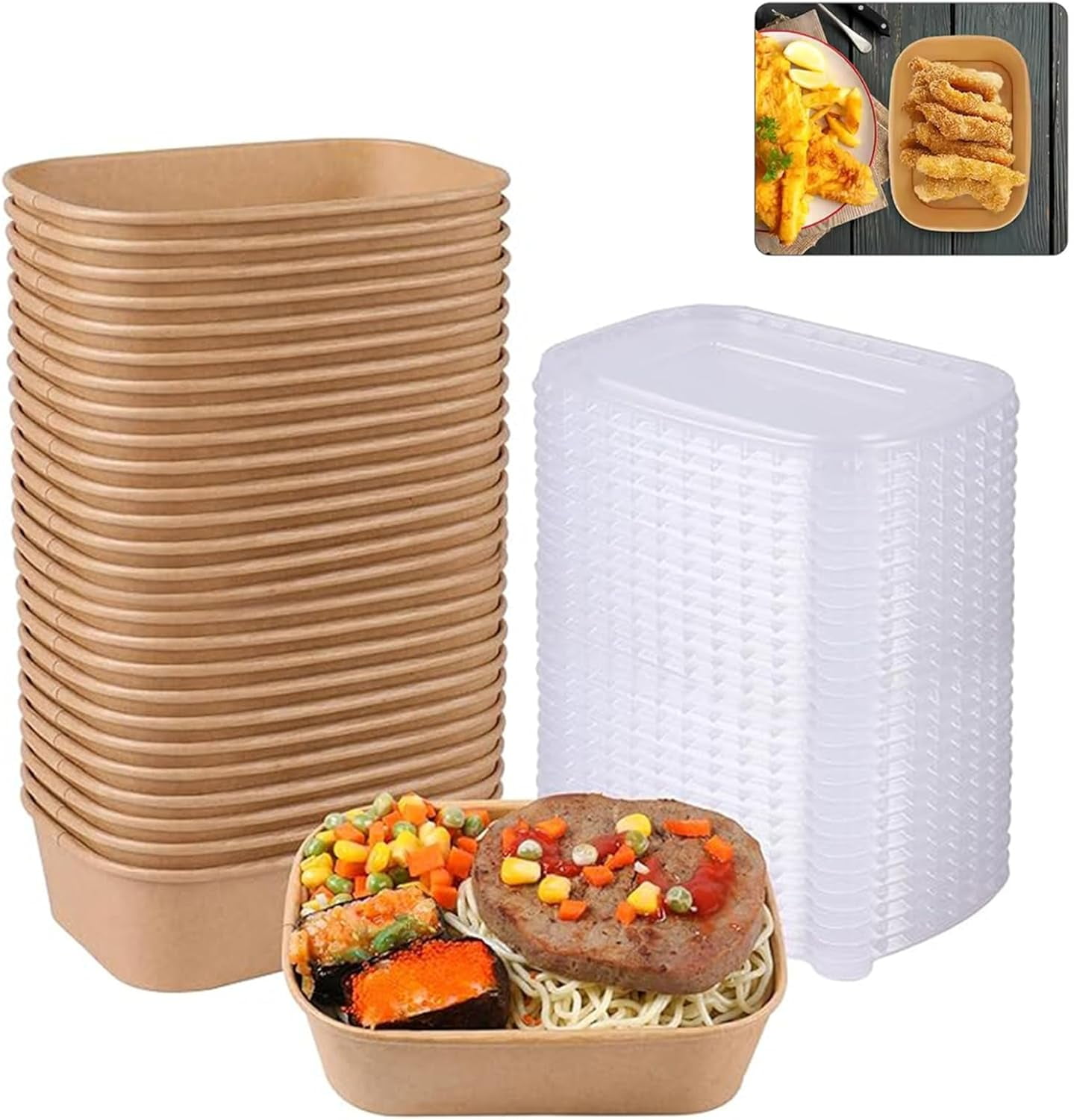 Brown Meal Prep Containers with Lids, Rectangle Food Kraft Paper Meal ...