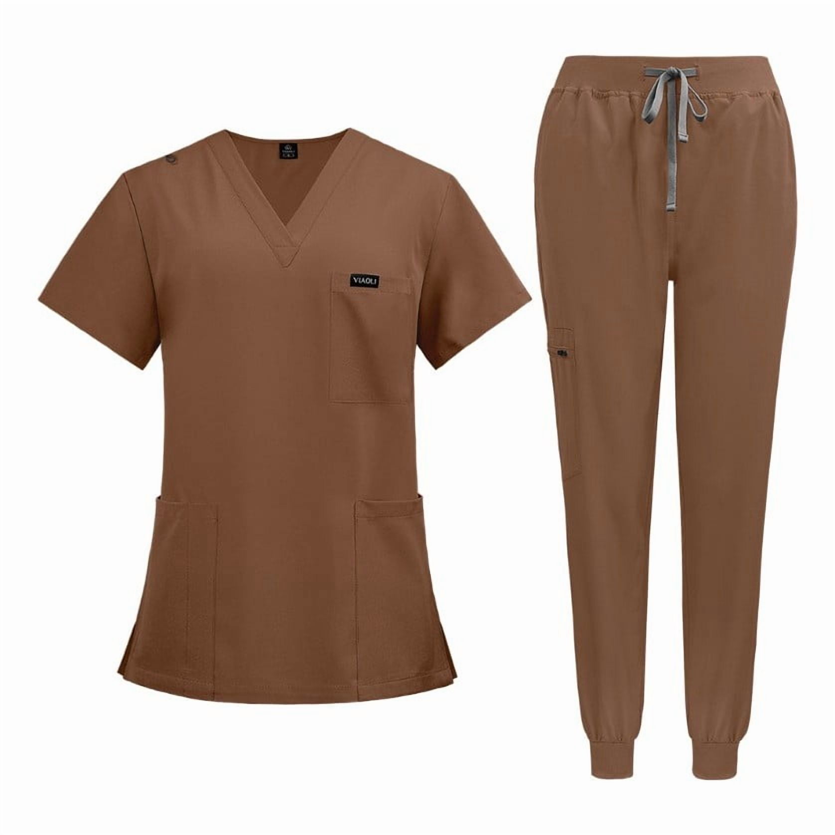 Brown Medical Scrubs Uniforms Set Doctor Short Sleeve Surgical Uniforms ...