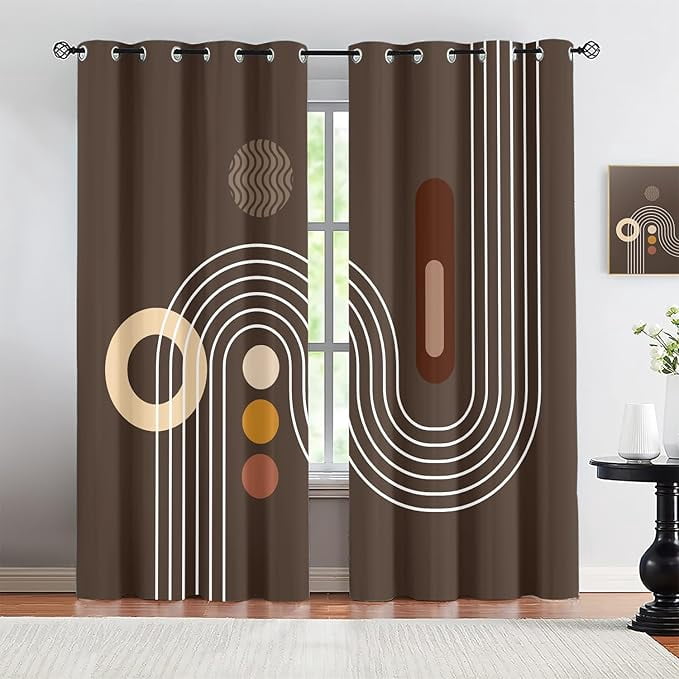 Brown Medieval Art Style Window Curtains, White Orange Bohemian Lines ...